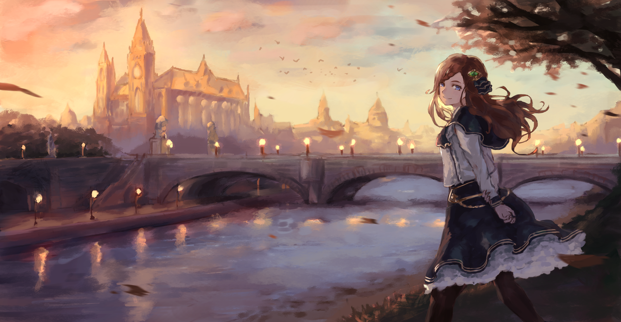 Original Anime HD Wallpaper: Castle by the River with a Smile by おあげ