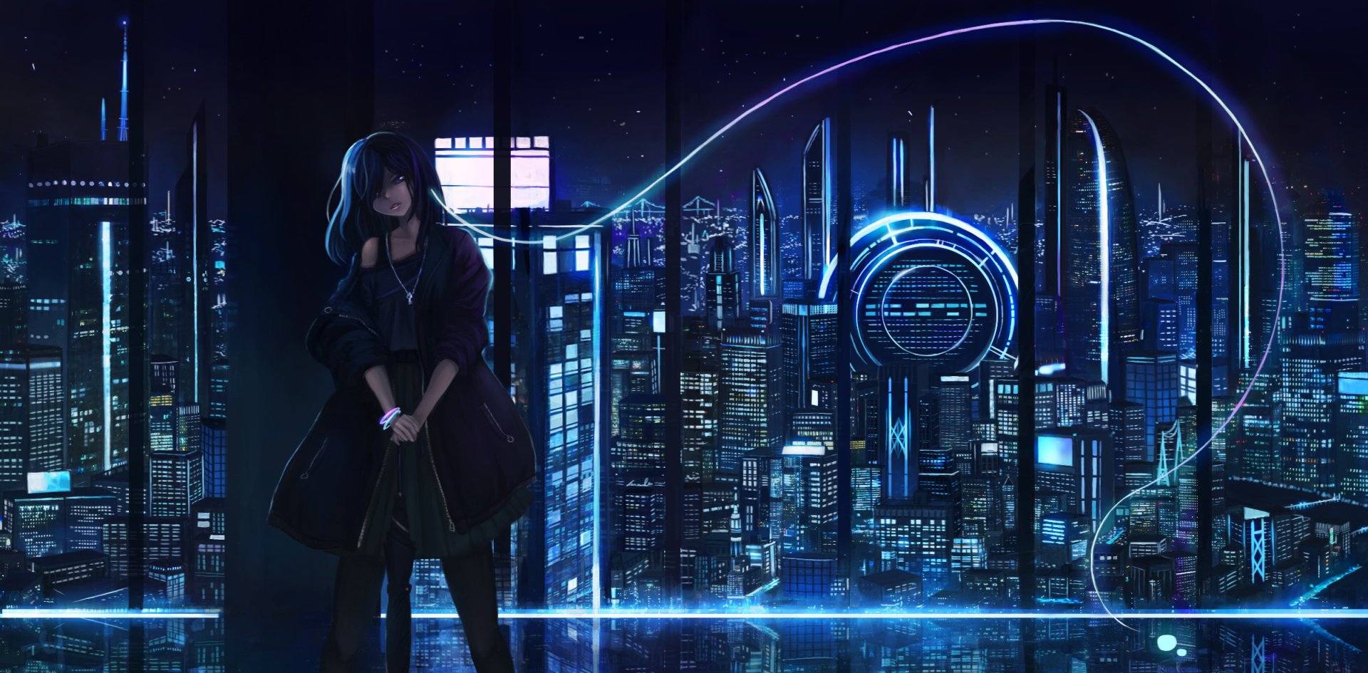 Neon Blue Nights: Original Anime Cityscape HD Wallpaper by 水色アボカド