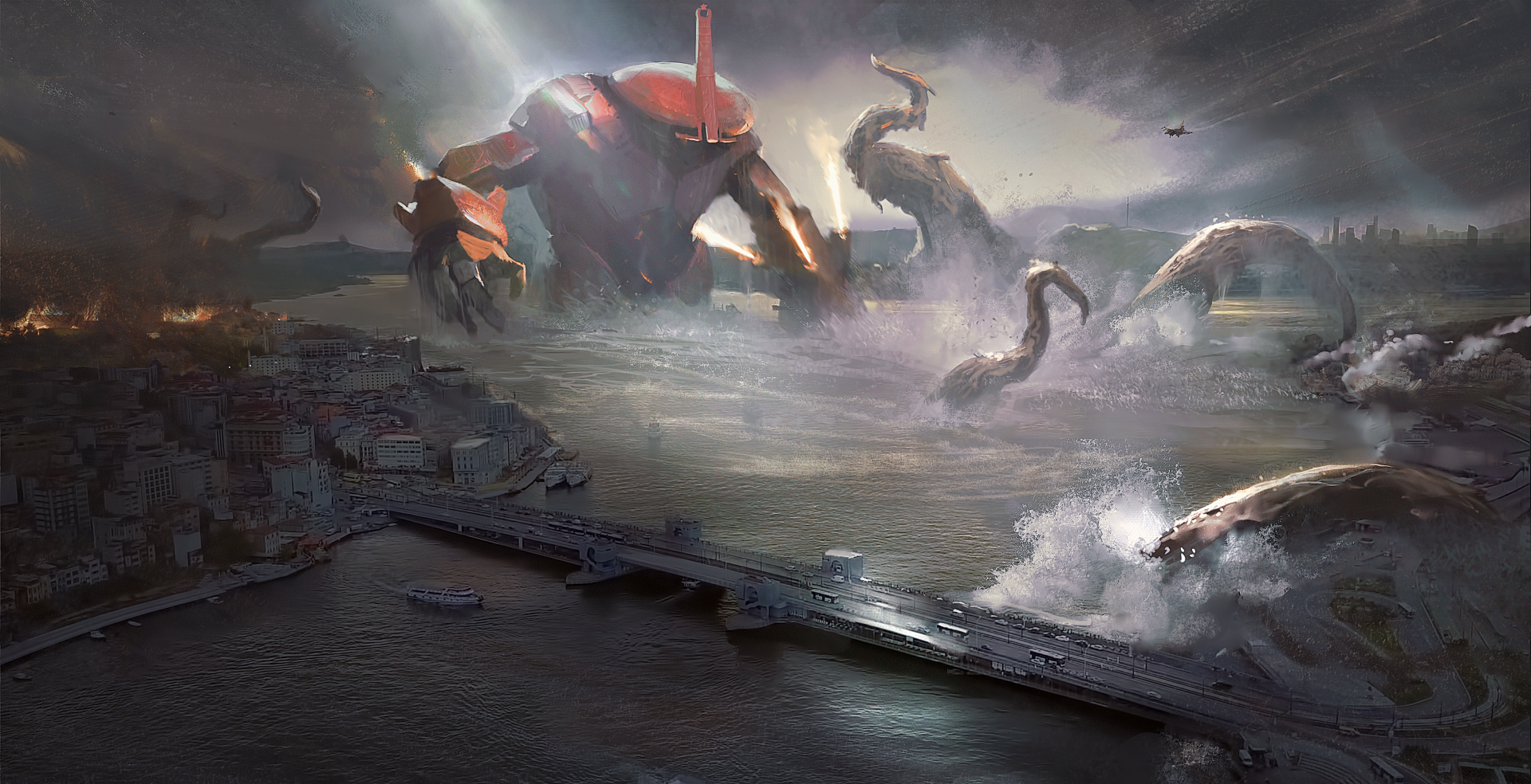 HD Sci-Fi Sea Monster Robot Rampage Wallpaper by Eren Arik