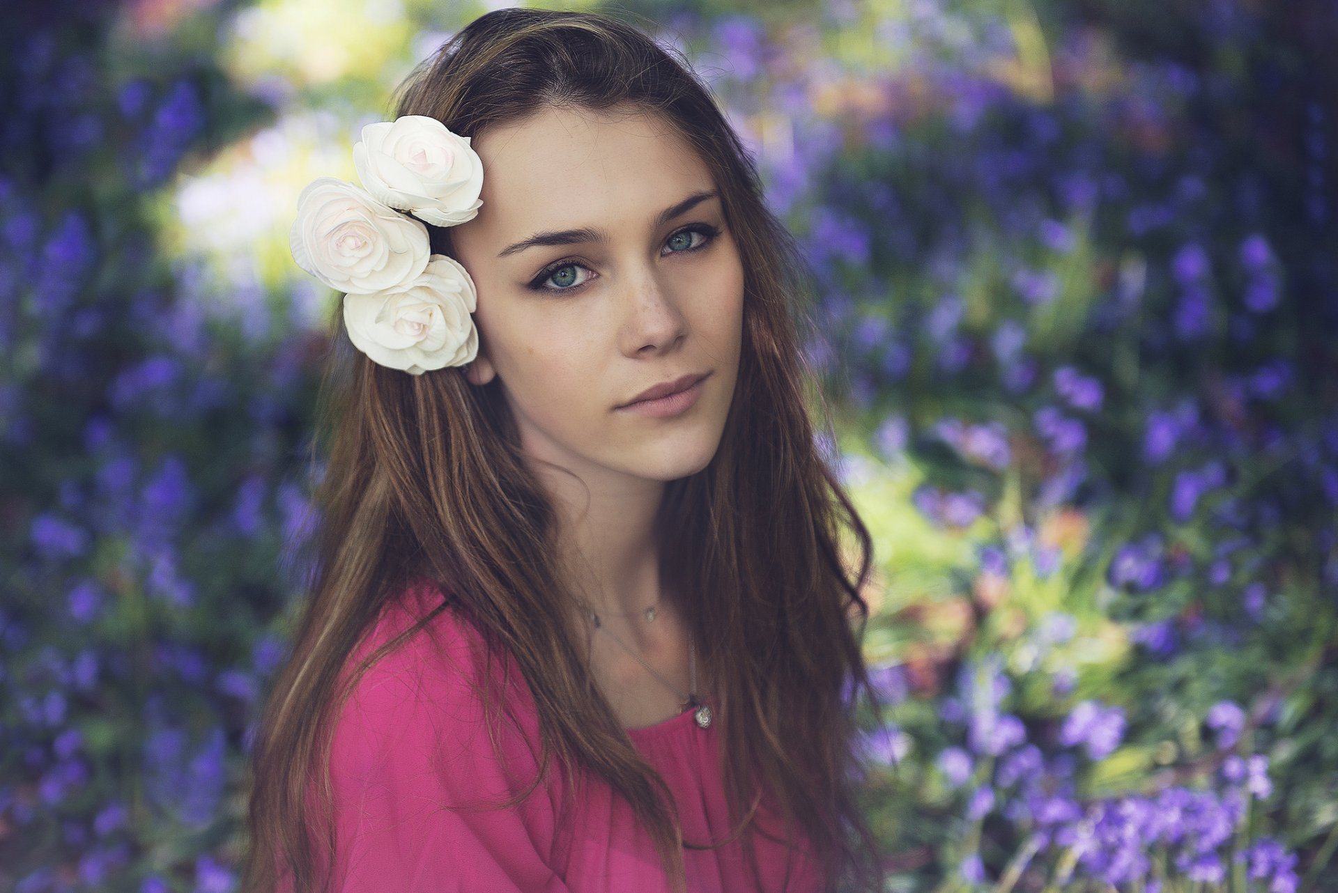 Download Rose Blue Eyes Brunette Depth Of Field Woman Model HD Wallpaper