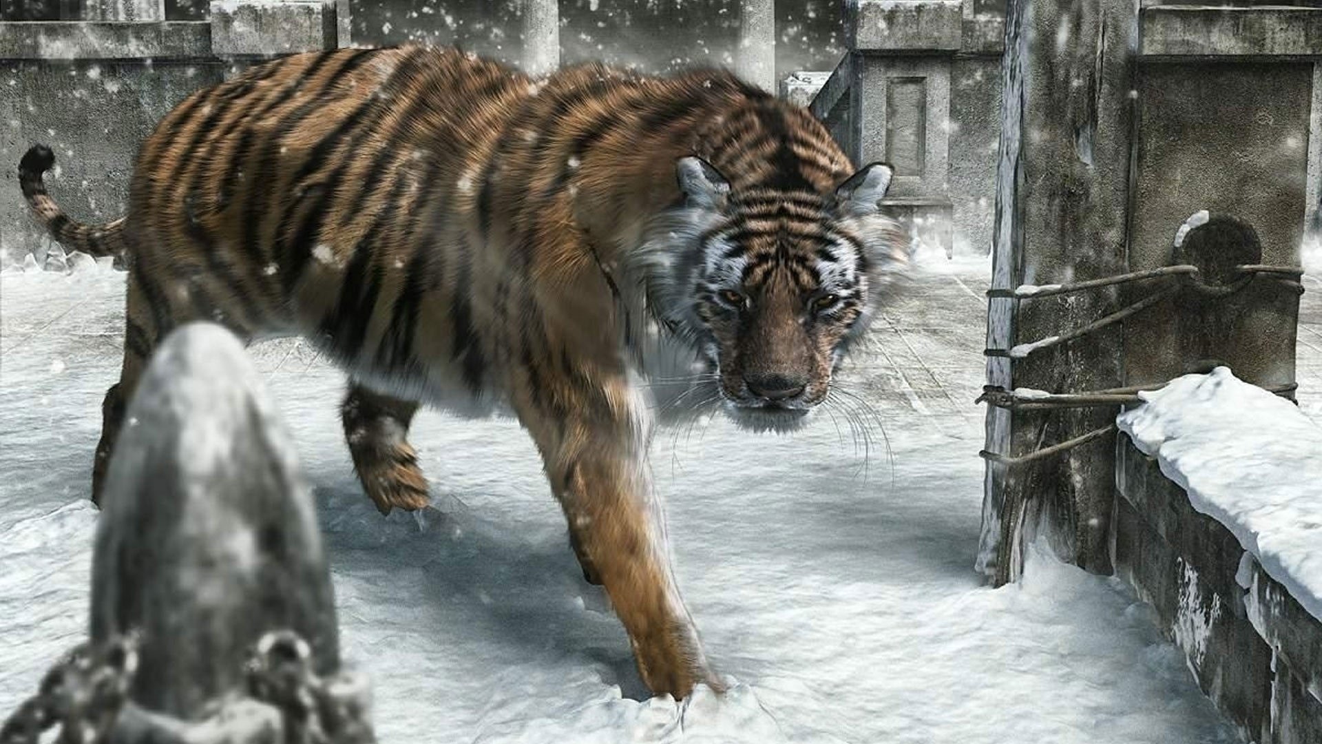Majestic Tiger in Snow – Stunning CGI HD Wallpaper