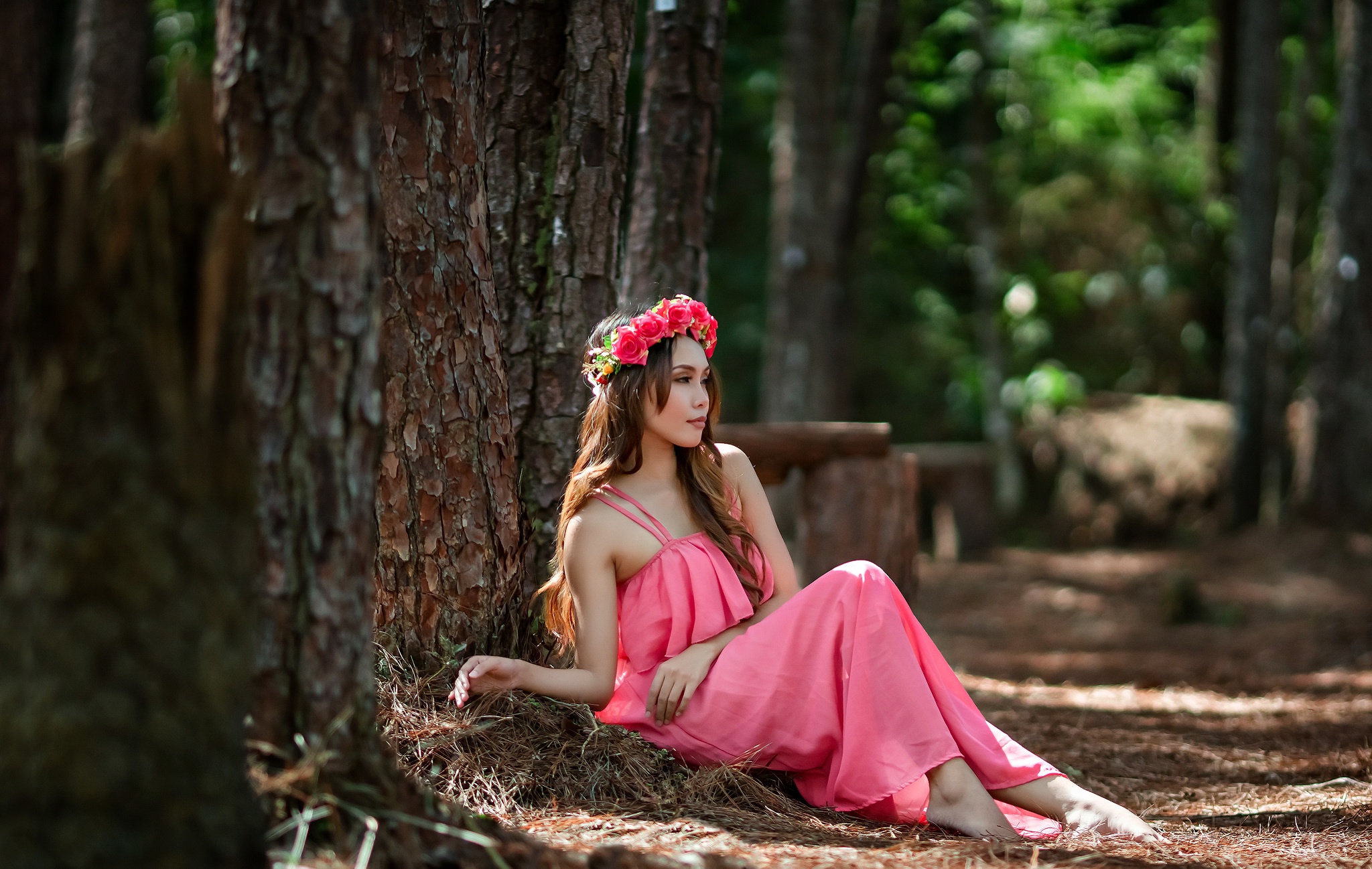 Download Wreath Brunette Depth Of Field Long Hair Pink Dress Model