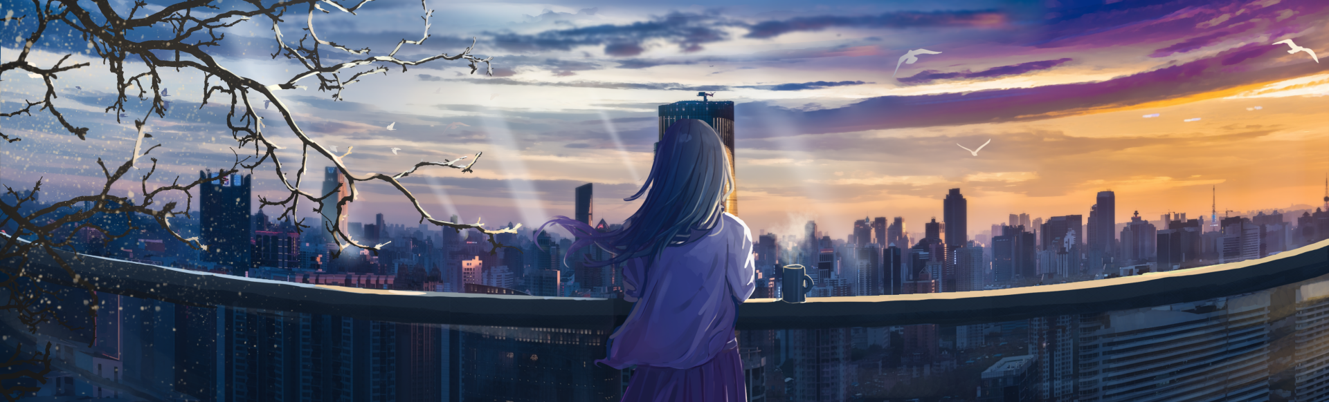 Anime Sunset Serenity: Cityscape and Bird in HD Wallpaper by Container ...