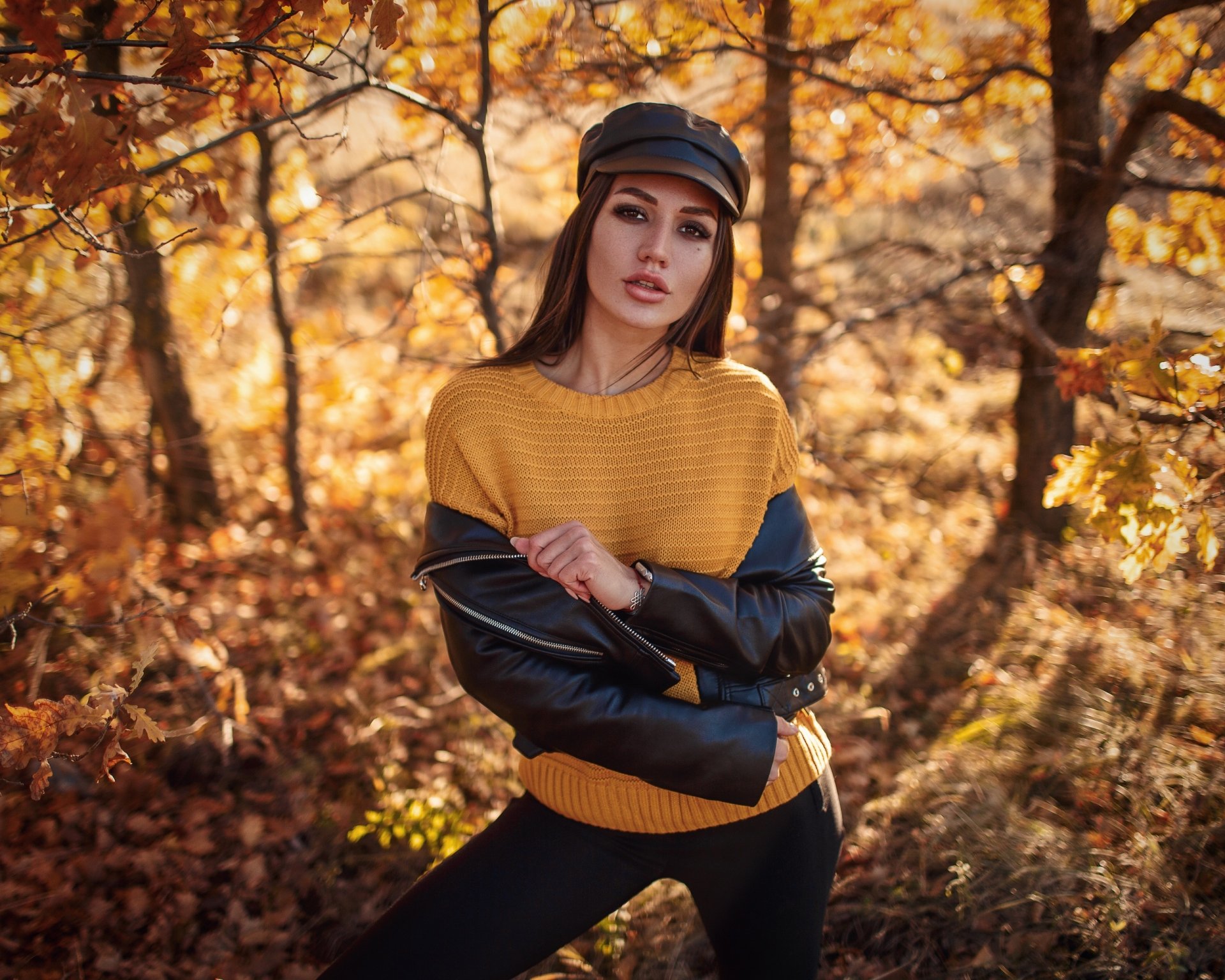Download Fall Brown Eyes Brunette Cap Leather Jacket Woman Model HD ...