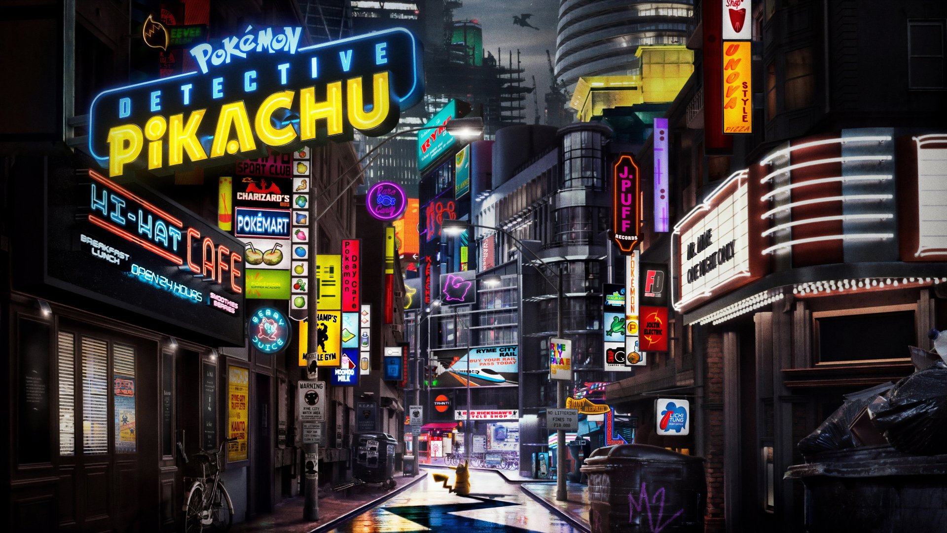 8K Ultra HD: Pokémon Detective Pikachu in a Colorful Cityscape
