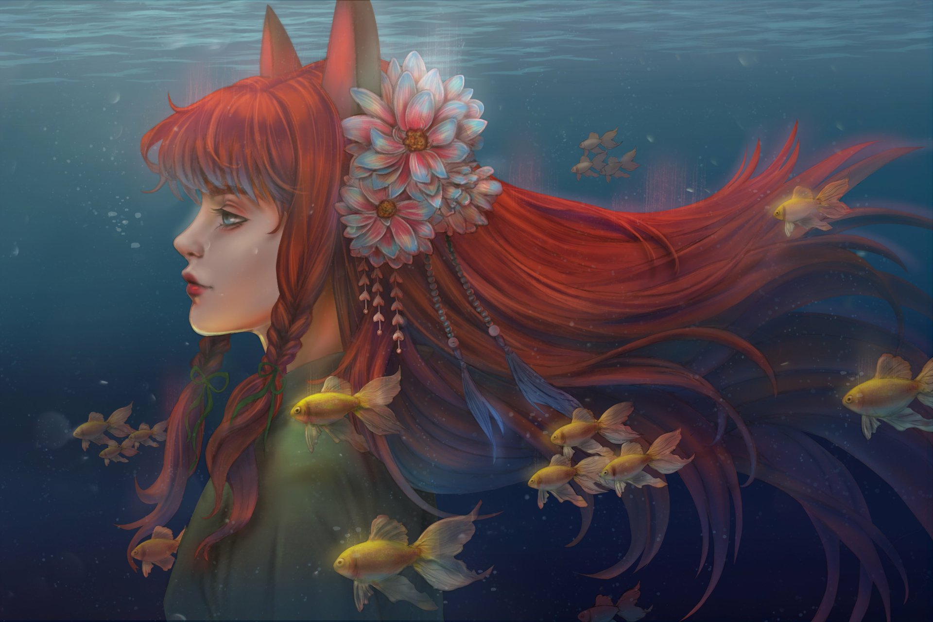 Download Kitsune Animal Ears Fish Long Hair Red Hair Underwater Fantasy ...