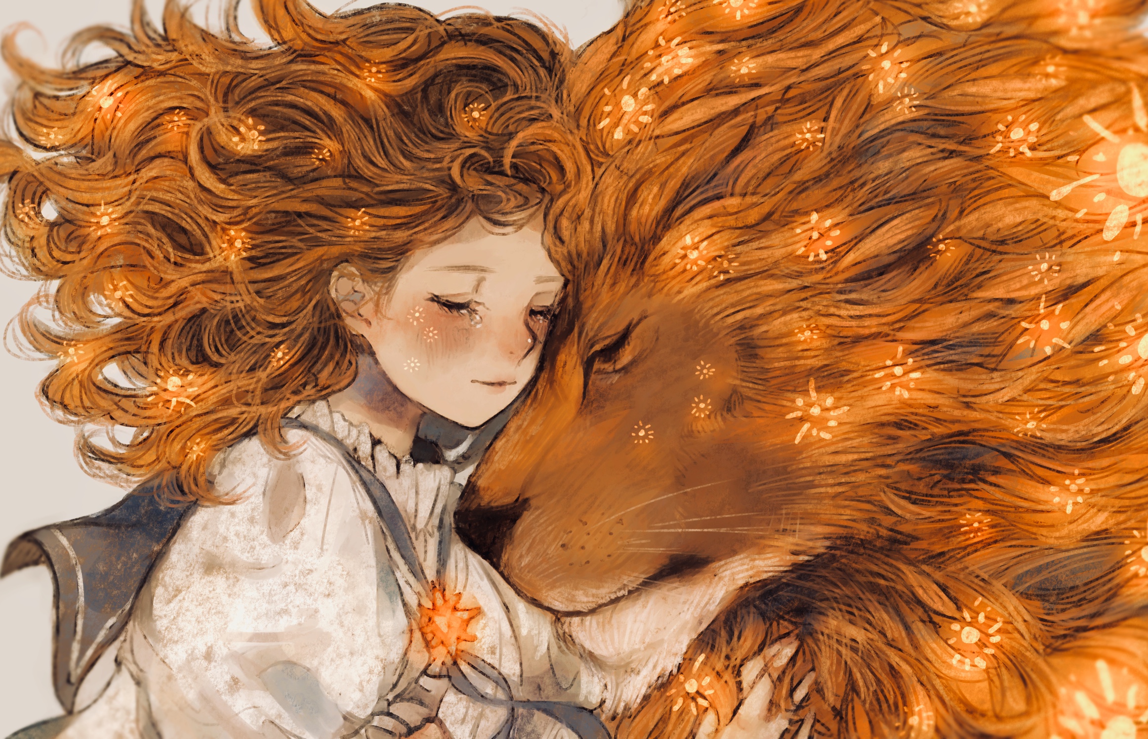 Fiery Bonds: Anime Red-Haired Girl and Majestic Lion in Tears – HD ...