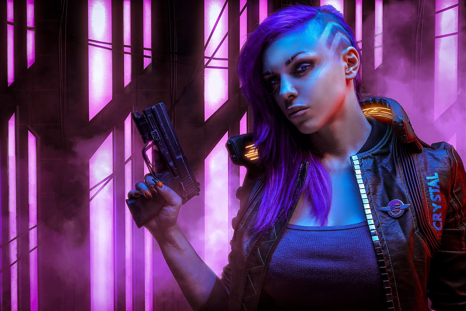 Cyberpunk 2077 HD Wallpaper: Purple Hair and Gun